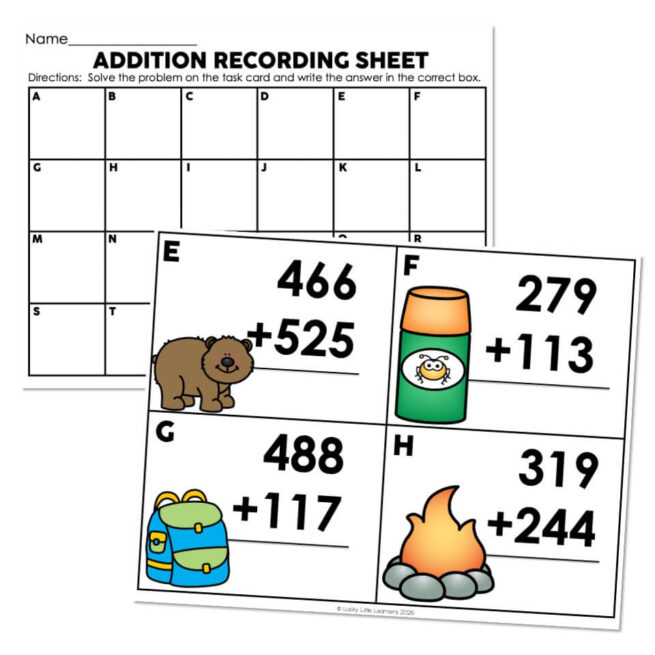 Camp Read A Lot - 3-Digit Addition Scoot - Lucky Little Learners