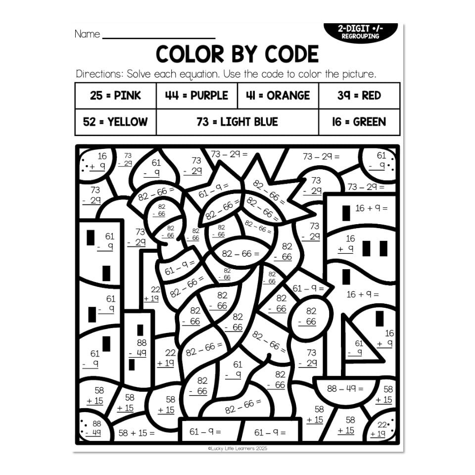 Color By Code - Mixed 2-Digit Addition and Subtraction - Statue of ...