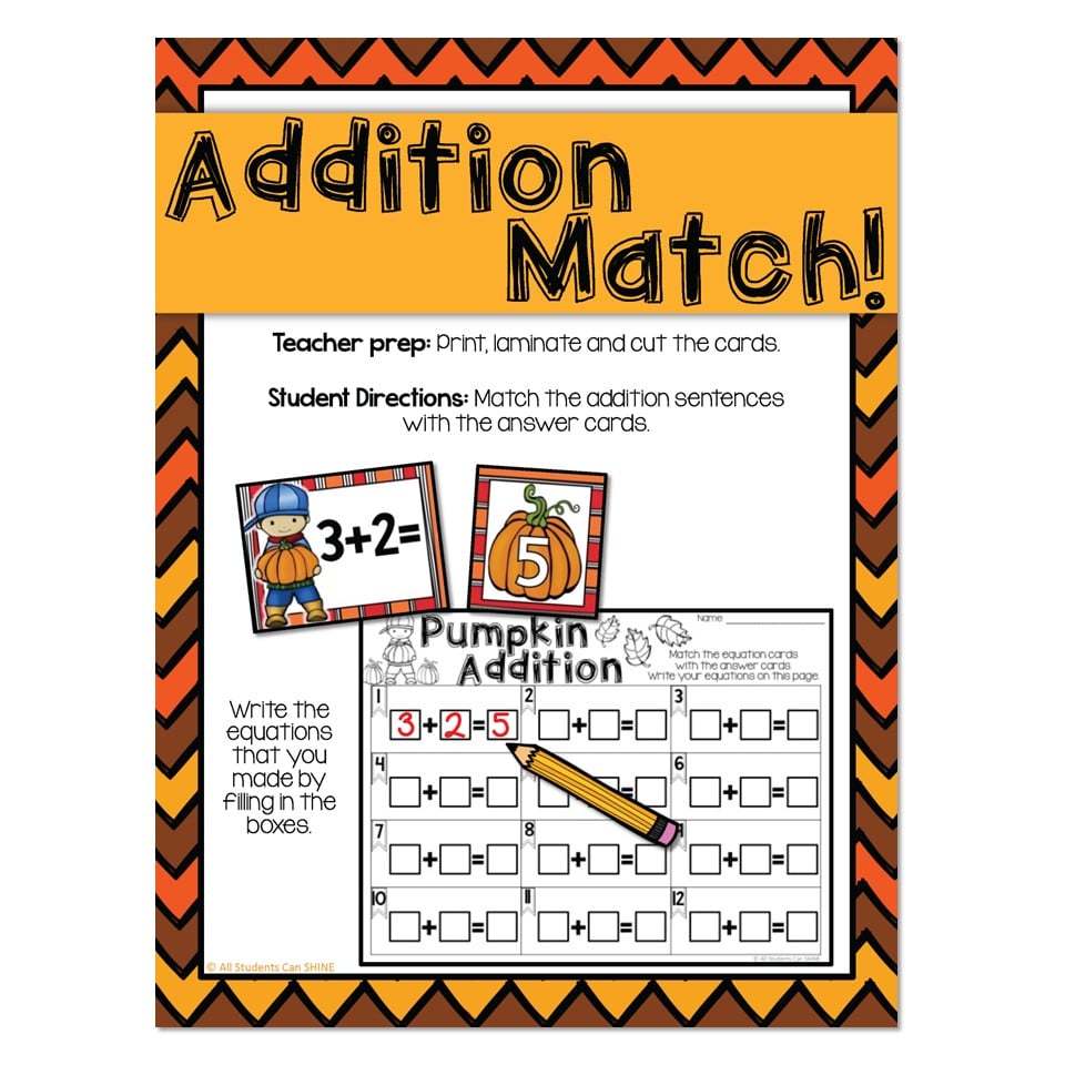 Fall Centers - Math - Addition Match - Lucky Little Learners