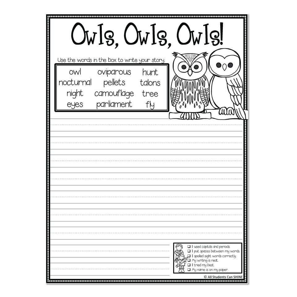 Fall Writing with Vocabulary - Owls Owls Owls - Lucky Little Learners