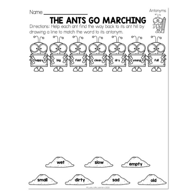 Grammar Worksheets - Antonyms - The Ants Go Marching - Lucky Little ...