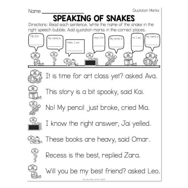 Grammar Worksheets - Quotation Marks - Speaking of Snakes - Lucky ...