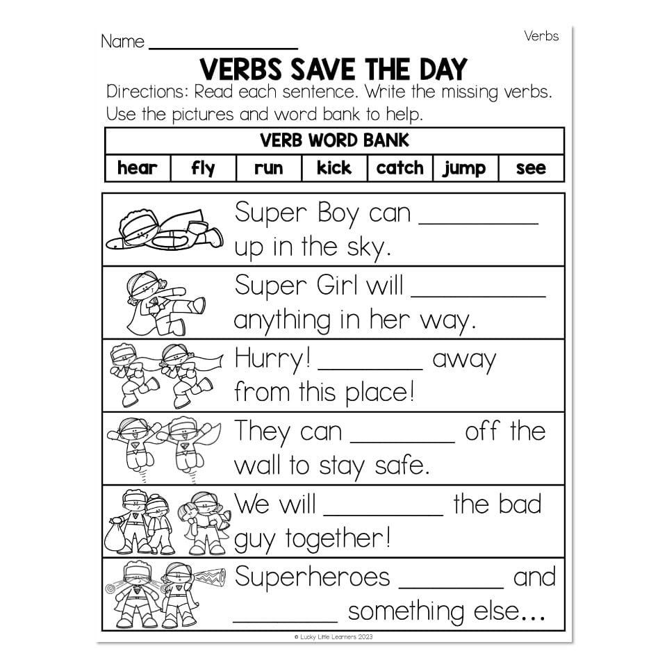 Grammar Worksheets - Verbs - Verbs Save the Day - Lucky Little Learners