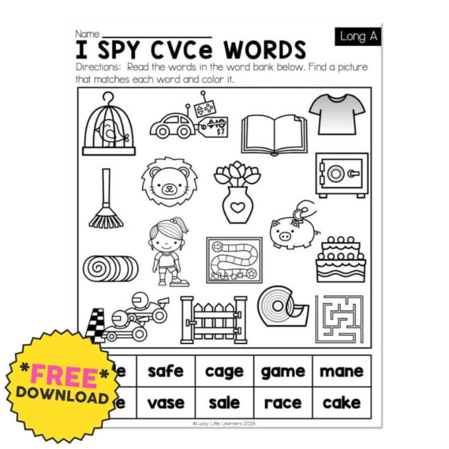 Phonics Activities - Long A - I Spy CVCe Words - Lucky Little Learners