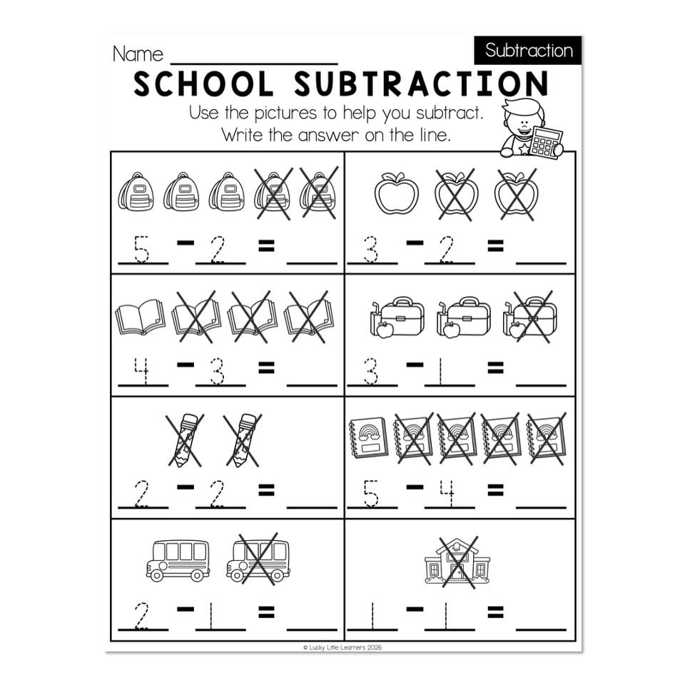 Kindergarten Monthly Worksheets - Basic Subtraction - August - School ...