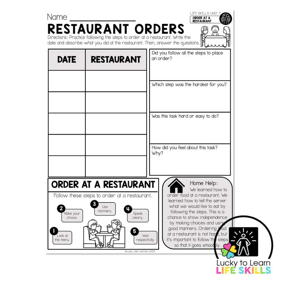 Lucky to Learn Life Skills - Unit 7 Food Independence - Order at a ...