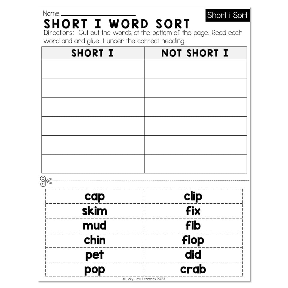 Lucky to Learn Phonics - Short I - Word Sort - Lucky Little Learners