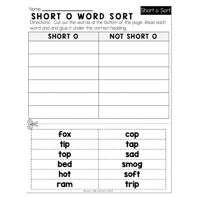 Lucky to Learn Phonics - Short O - Word Sort - Lucky Little Learners