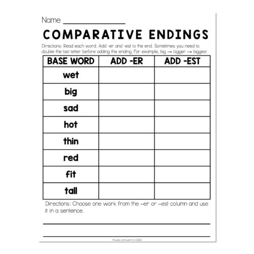 Spelling Worksheets - Comparative Endings - Lucky Little Learners