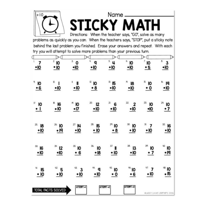 Sticky Math Fact Practice – Addition + 10 - Lucky Little Learners