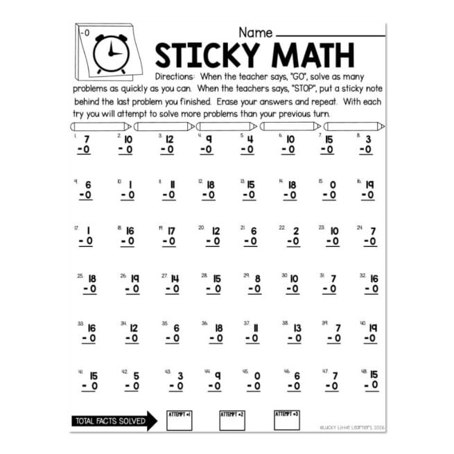 Sticky Math Fact Practice – Subtraction – 0 - Lucky Little Learners