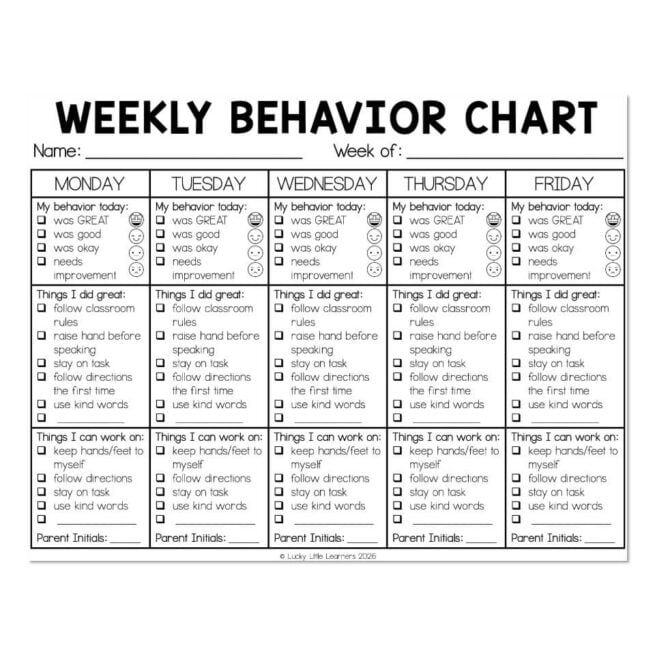 Weekly Behavior Chart Sample - Lucky Little Learners