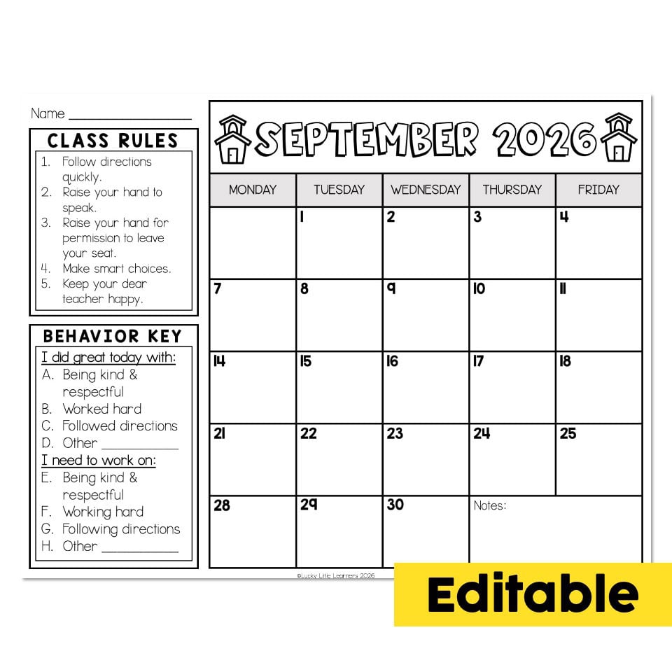 Editable Behavior Calendars - Version 1 - Lucky Little Learners