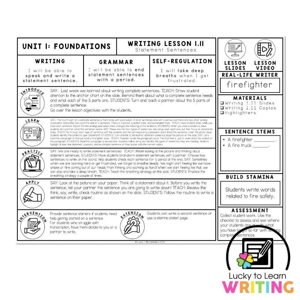 Lucky to Learn Writing - Unit 1 Foundations - Writing 1.11 - Speak and ...
