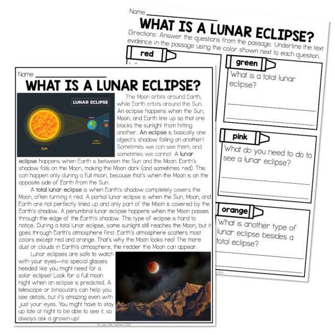 Lunar Eclipse - Reading Passage and Questions - Lucky Little Learners