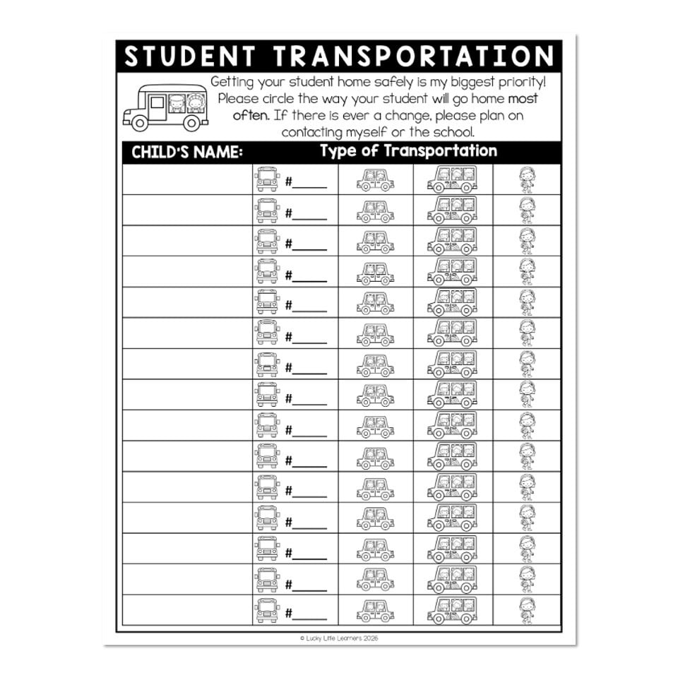 Classroom Setup - Open House - Transportation Sheet - Version 2 - Lucky ...
